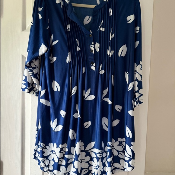 Reborn | Dresses | Reborn Floral Shirt Dress Navy Blue White Pleated ...